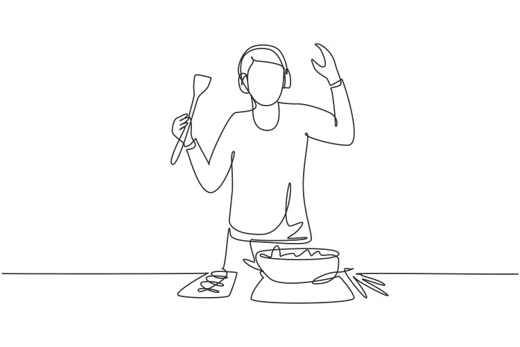 Single one line drawing young man cooking Vector Image