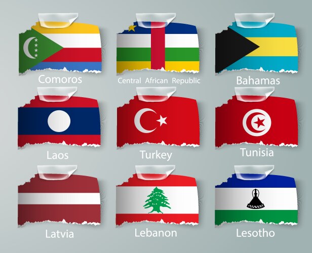 Realistic set flags paper countries Royalty Free Vector