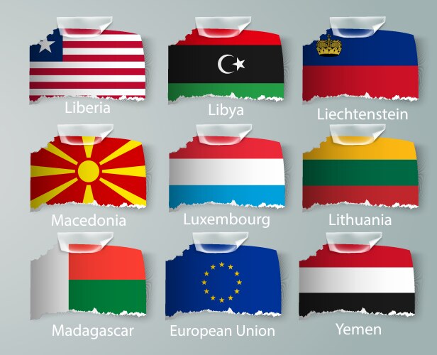 Realistic set flags paper countries Royalty Free Vector