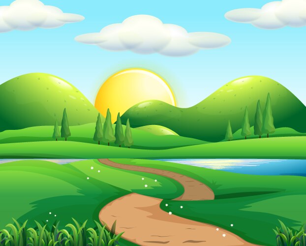 Nature scene with hiking track into the woods Vector Image