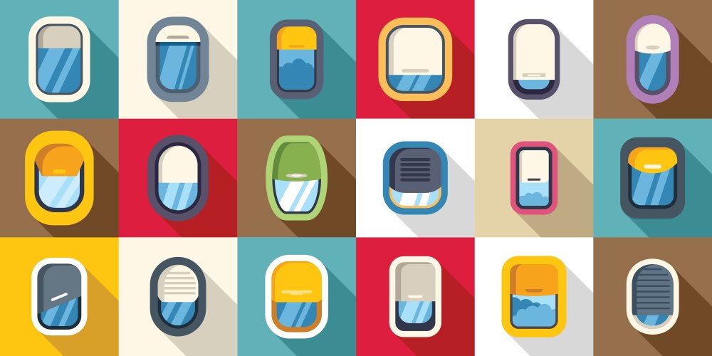 Airplane window icons set outline plane Royalty Free Vector