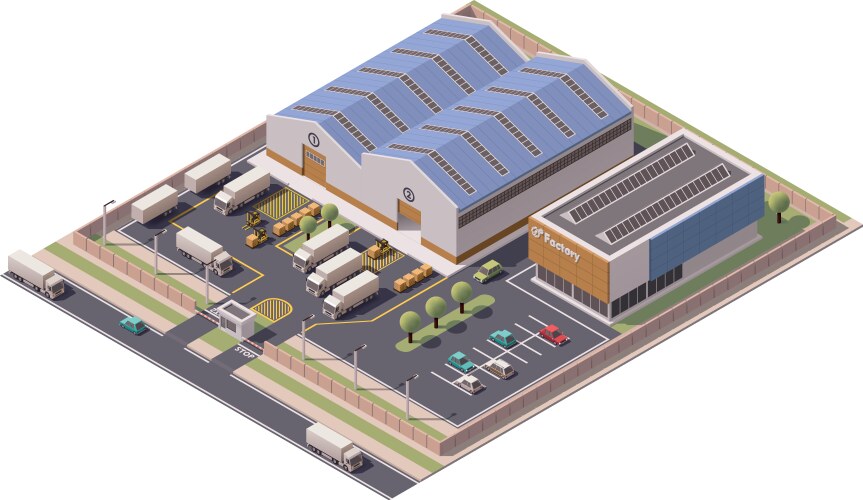 Warehouse building trucks and load machines Vector Image