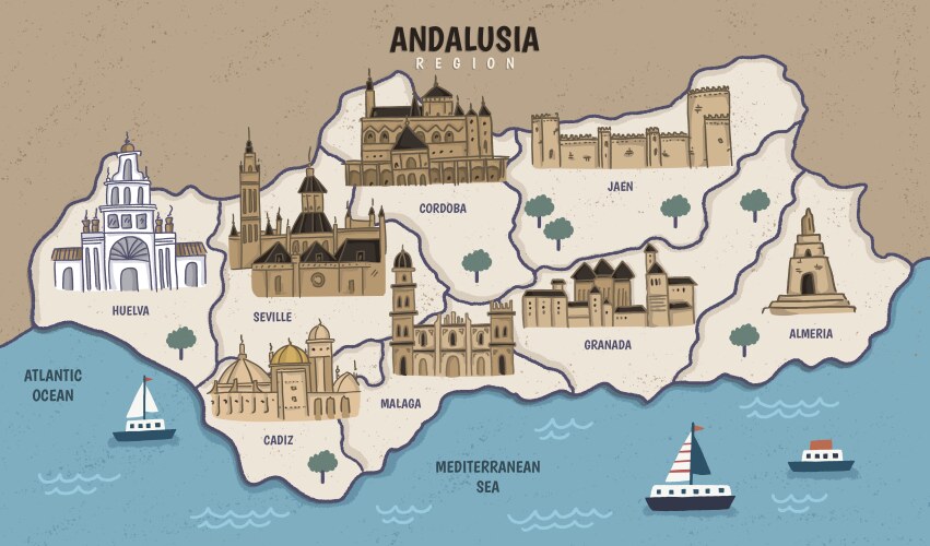 Andalusia map with landmarks Royalty Free Vector Image