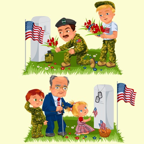 Memorial day man with children on military Vector Image