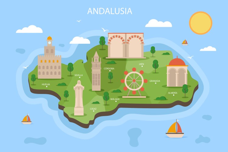 Andalusia map with landmarks Royalty Free Vector Image