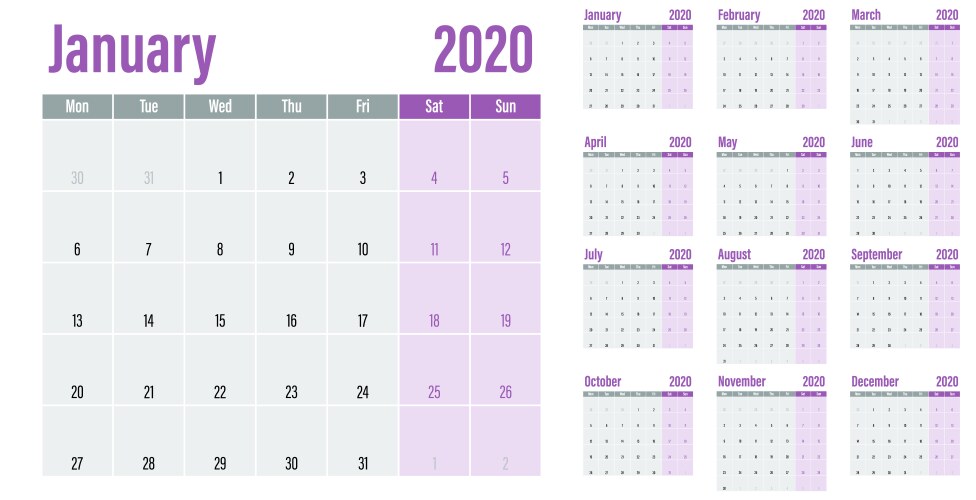 Calendar planner 2020 template Royalty Free Vector Image