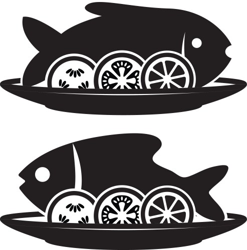 Rice and fish served on flat plate with lettuce Vector Image
