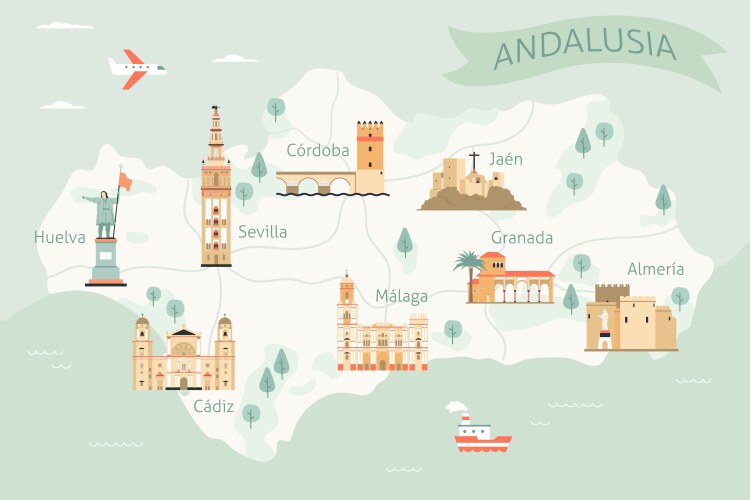 Andalusia map with interesting landmarks Vector Image
