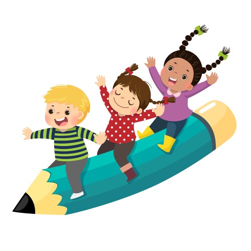 Happy children cartoon riding pencil car Vector Image