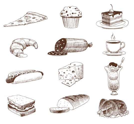 Hand drawn cheese doodle appetizers and food Vector Image