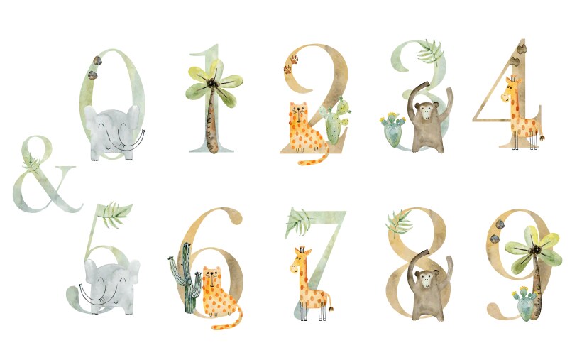 Watercolor farm animals numbers Royalty Free Vector Image