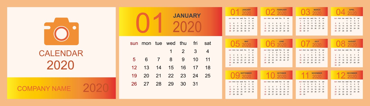 Colorful calendar for january 2020 in english set Vector Image