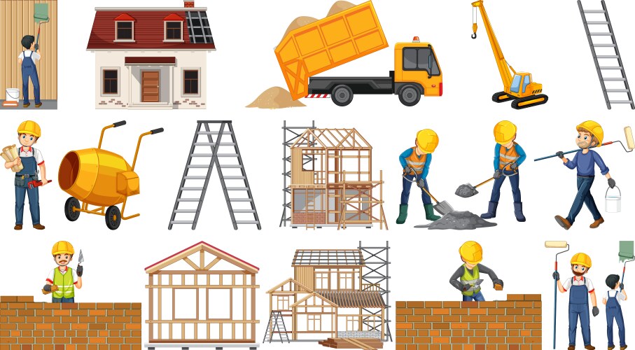Set of construction site objects and workers Vector Image