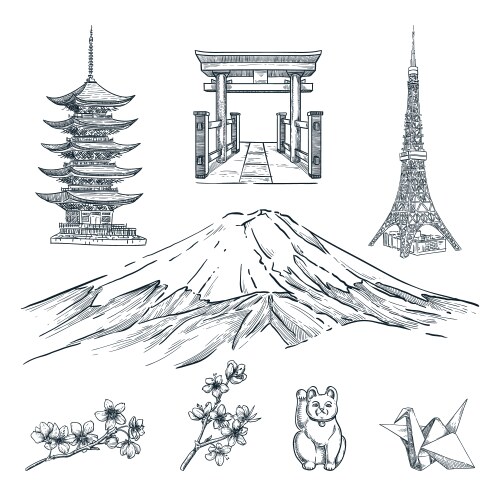 Japan panorama mountain fuji red gate hand drawn Vector Image