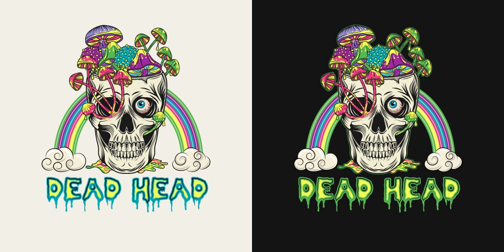 Psychedelic label with human skull mushrooms Vector Image