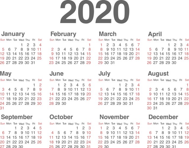 Calendar 2020 year week starts from sunday Vector Image