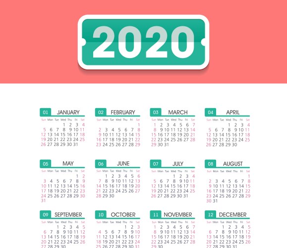 Calendar 2020 year week starts from sunday Vector Image