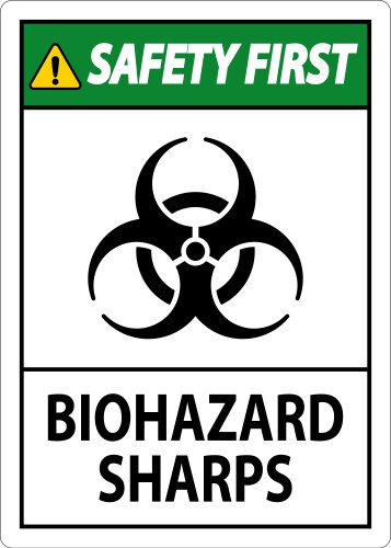 Safety first biohazard label sharps Royalty Free Vector