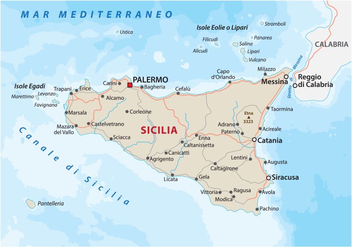 Detailed road map island sicily italy Royalty Free Vector