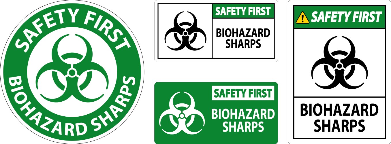 Safety first biohazard label sharps Royalty Free Vector