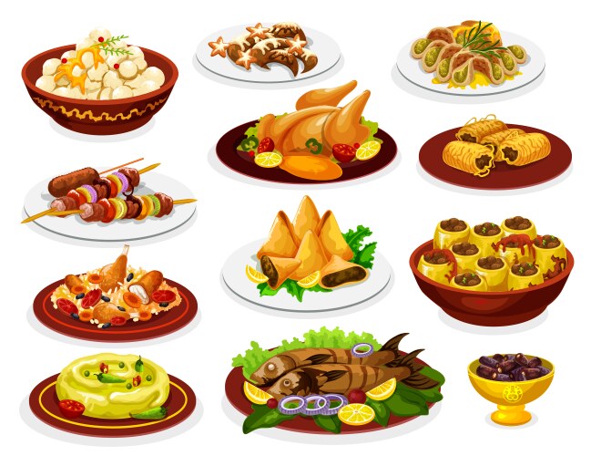 Oriental cuisine dishes cartoon set Royalty Free Vector