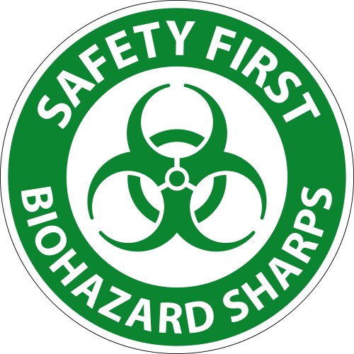 Safety first biohazard label sharps Royalty Free Vector