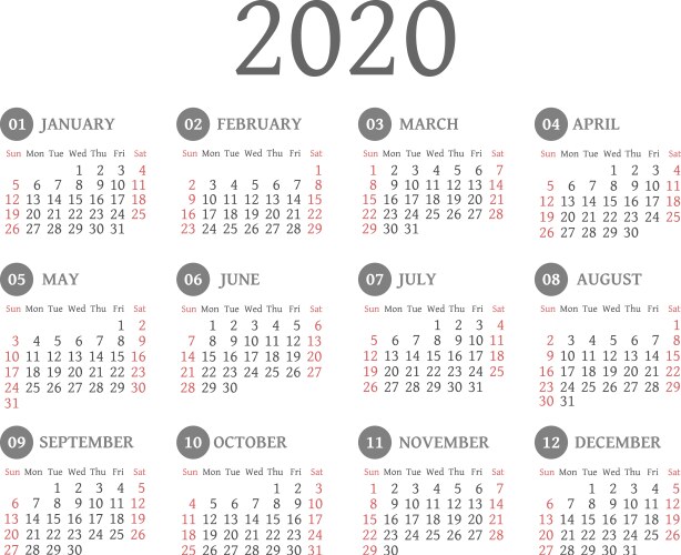 Calendar 2020 year week starts from sunday Vector Image