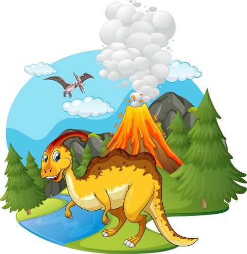 Different types of dinosaurs by the volcano Vector Image