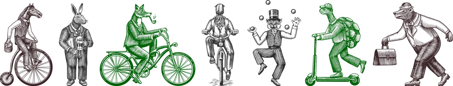 Fox on a bicycle cat juggler turtle scooter Vector Image