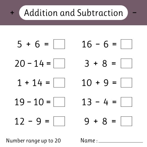 Add or subtract number range up to 100 Royalty Free Vector