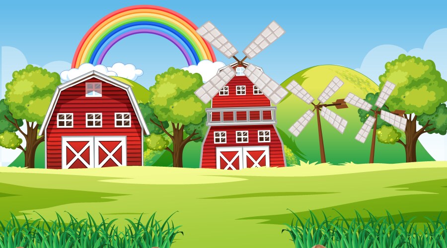 Farm scene with vegetable garden and barn Vector Image