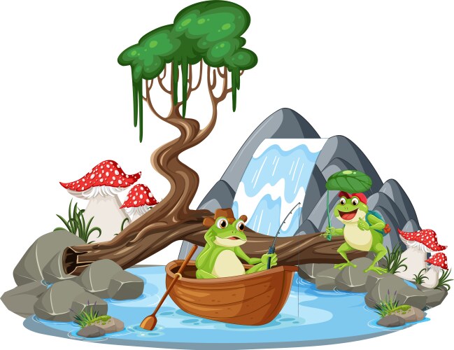 Green frog in waterfall scene Royalty Free Vector Image