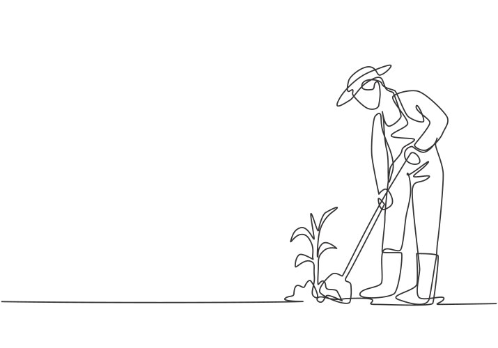 Continuous one line drawing female farmer squats Vector Image