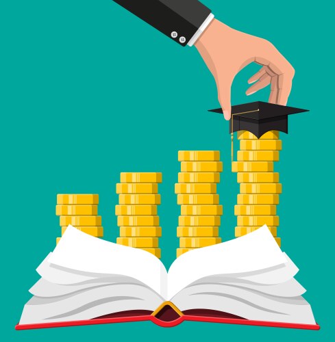 3d graduation cap and gold coin stacks Royalty Free Vector
