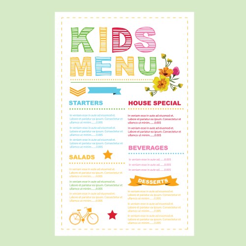 Cute colorful kids meal menu template Royalty Free Vector