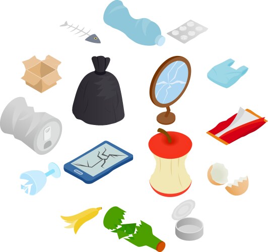 Garbage objects cartoon set Royalty Free Vector Image