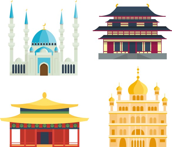 Colorful temple with tiered roofs and domes set Vector Image