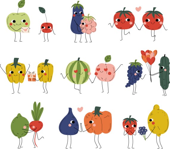 Collection cute cheerful vegetables fruits Vector Image