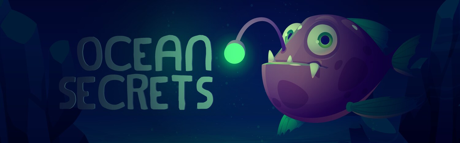 Ocean secrets cartoon banner scary angler fish Vector Image