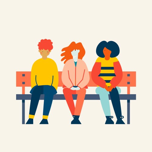Three people sitting bench diverse ethnicities Vector Image