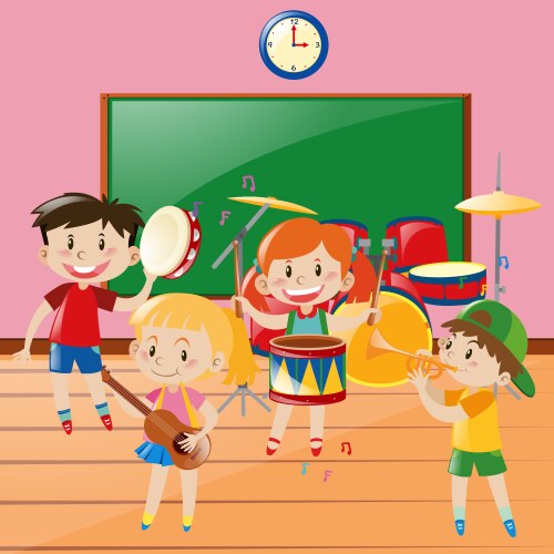 School music classroom with student kids Vector Image