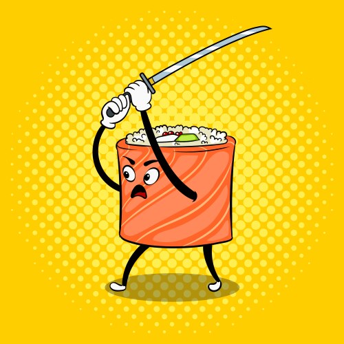 Cute sushi roll character sword sketch Royalty Free Vector