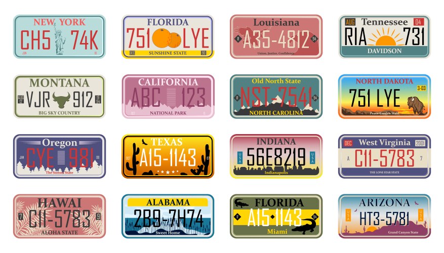 Car number license plate retro usa cars Royalty Free Vector