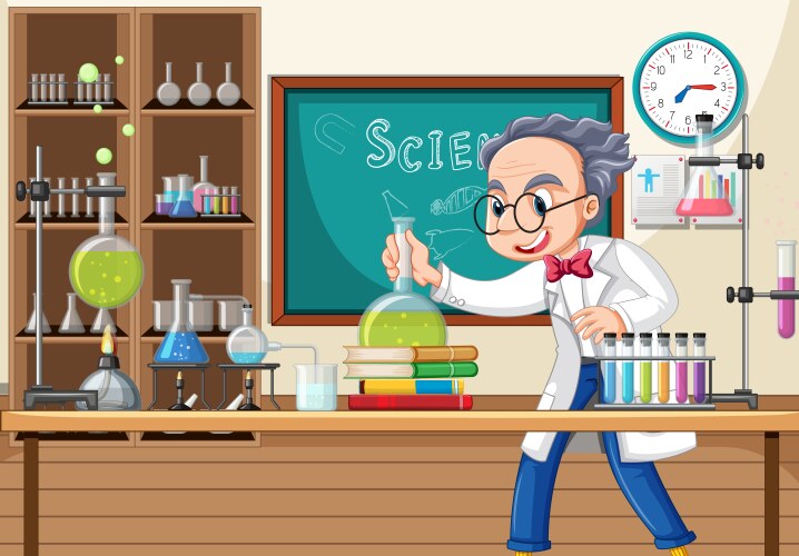 Laboratory scene with scientist cartoon character Vector Image