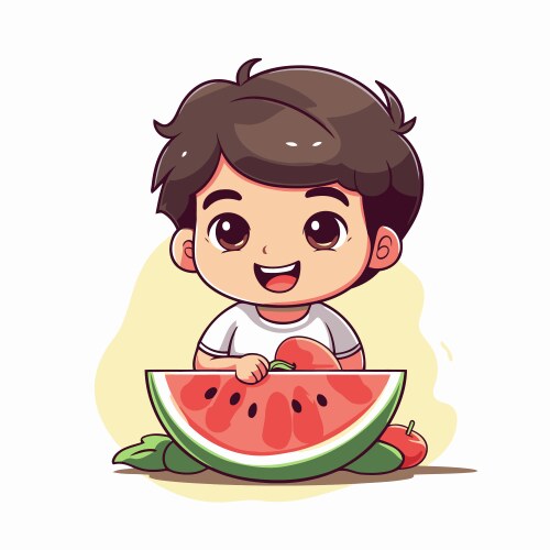 Cute little boy eating mango flat cartoon Vector Image