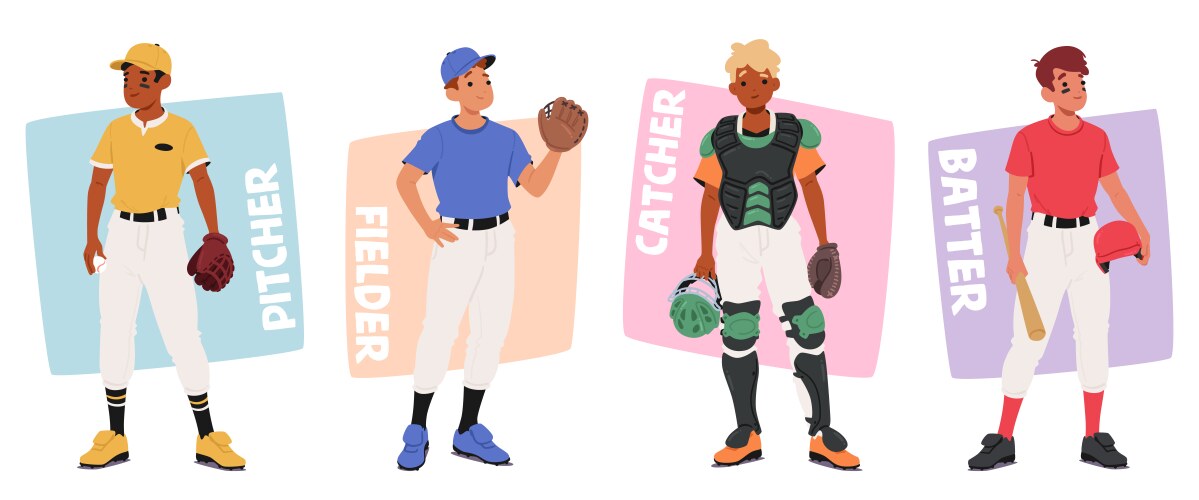 Four baseball players in various action poses Vector Image
