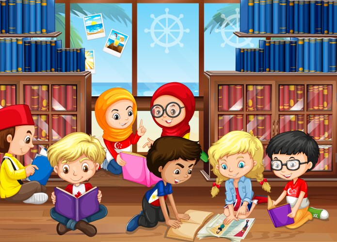 Cartoon kids studying in library Royalty Free Vector Image