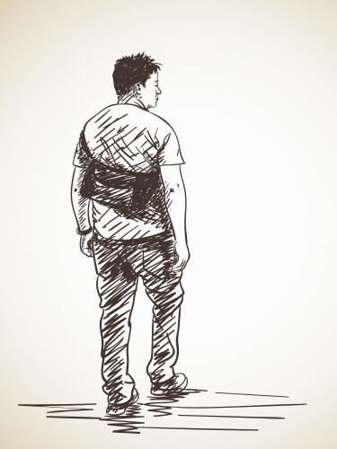 Sketch walking man from back hand drawn Royalty Free Vector