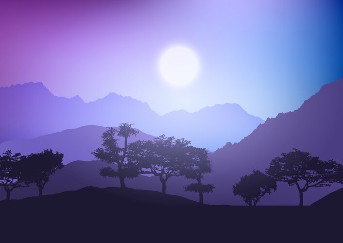 Landscape trees moon and mountains Royalty Free Vector Image