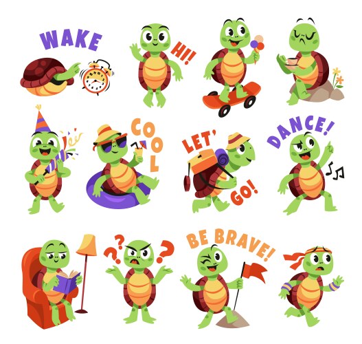 Happy turtle cartoon collection set Royalty Free Vector
